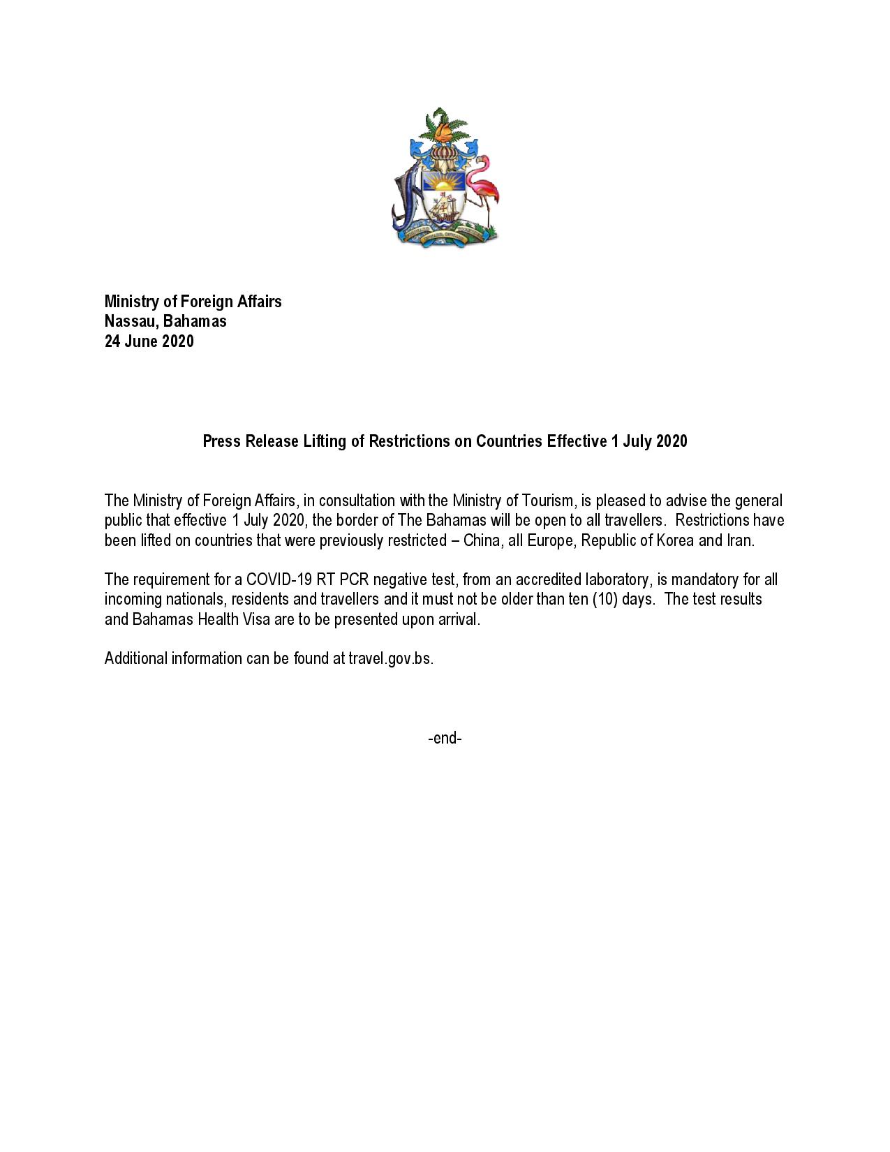 Press Release: Lifting restrictions on countries effective 1 July 2020 ...